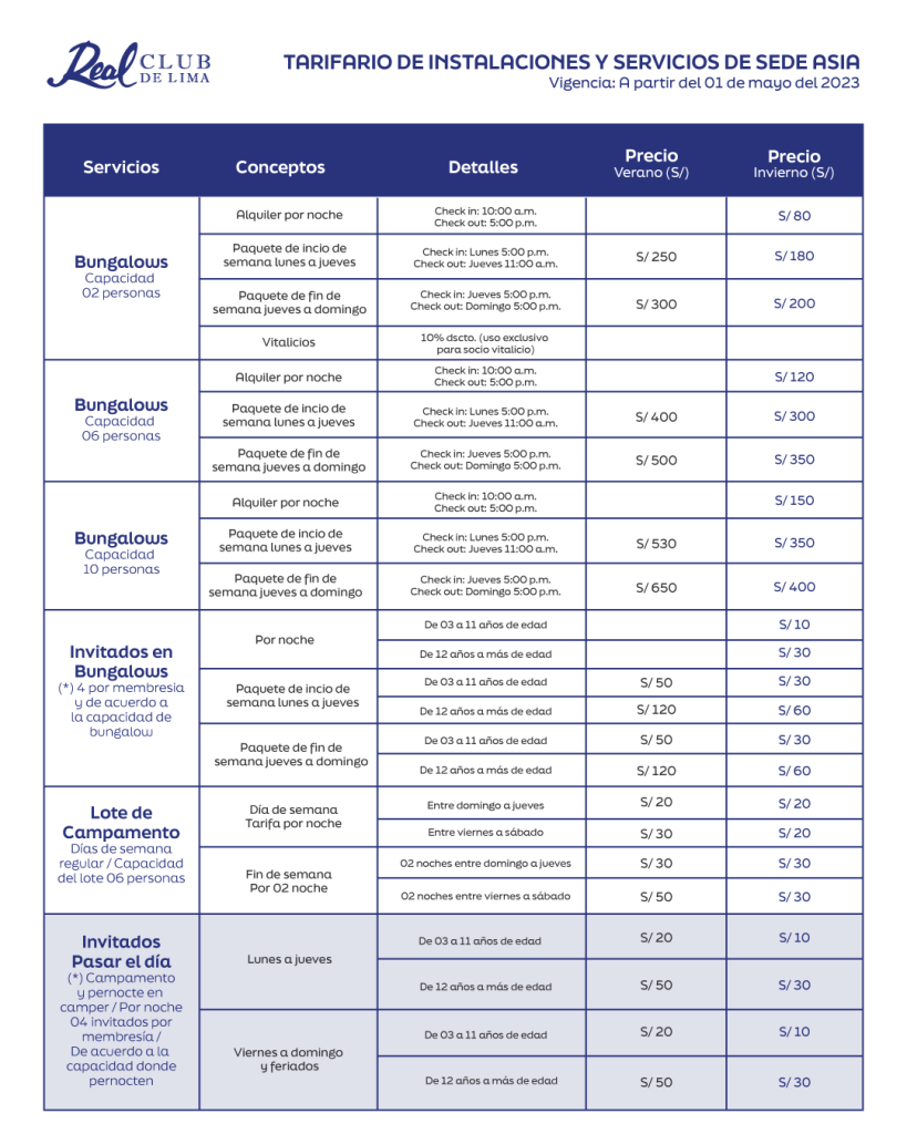 Tarifario - Real Club de Lima | Real Club de Lima, es una organización ...